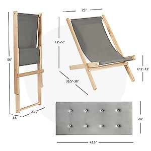 Giantex Beach Sling Chair, Outdoor Lounge Chair, Indoor Living Room Chaise Lounge with 3 Adjustable Positions, Wood Frame, Thick Cushion, for Sunbathing, Dual Purpose Folding Camping Chairs (1, Gray)