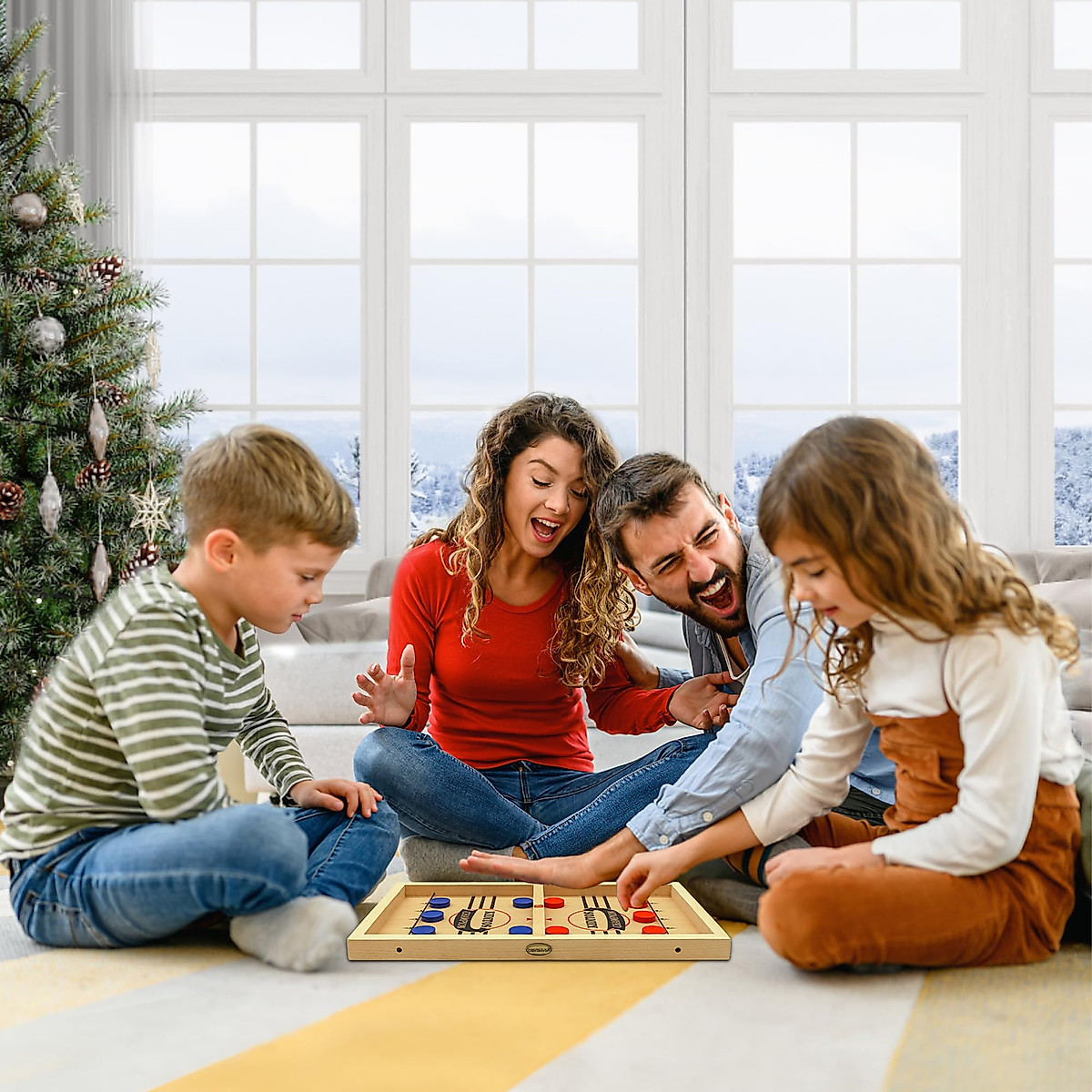 Kiditos 22.4" Fast Sling Puck Wooden Tabletop Hockey Game - 3 Levels, 2-4 Players, Slingshot Game for Family Game Night