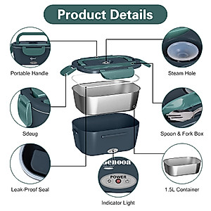 Benooa Electric Heating Lunch Box,3 in 1 Heated Lunch Box for Adults,60W 12/24/110V Leakproof Portable Food Warmer Heater for Car Truck Office Home With Sauce Box & Bag