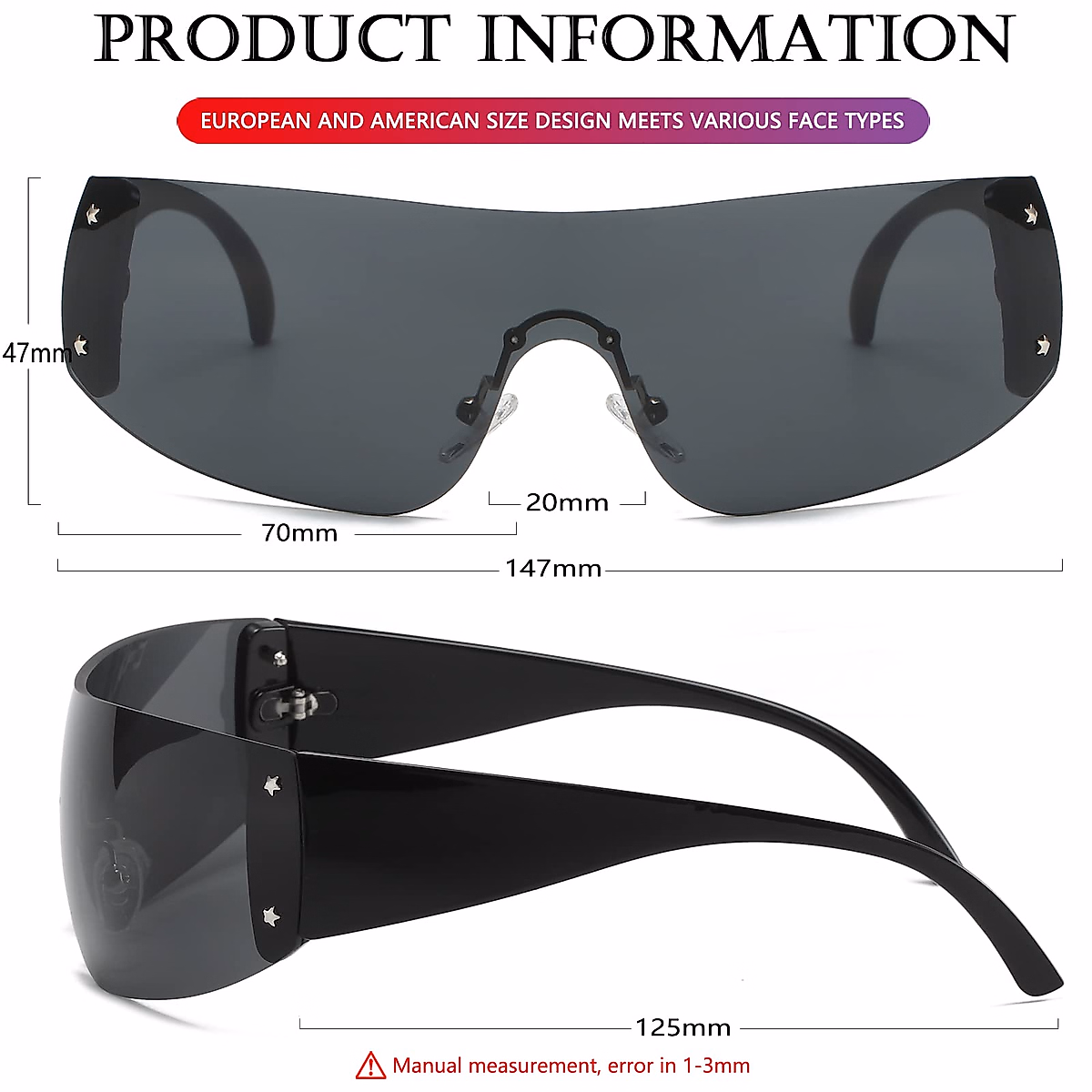 AIEYEZO Rimless Y2K Sunglasses Women Men Oversized Fashion Wrap Around Frameless Sun Glasses (Black)