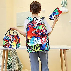 Bluboon School Backpack for Boys Teens Bookbag Travel Daypack Kids Girls Lunch Bag Pencil Case (Doodle-3pcs)