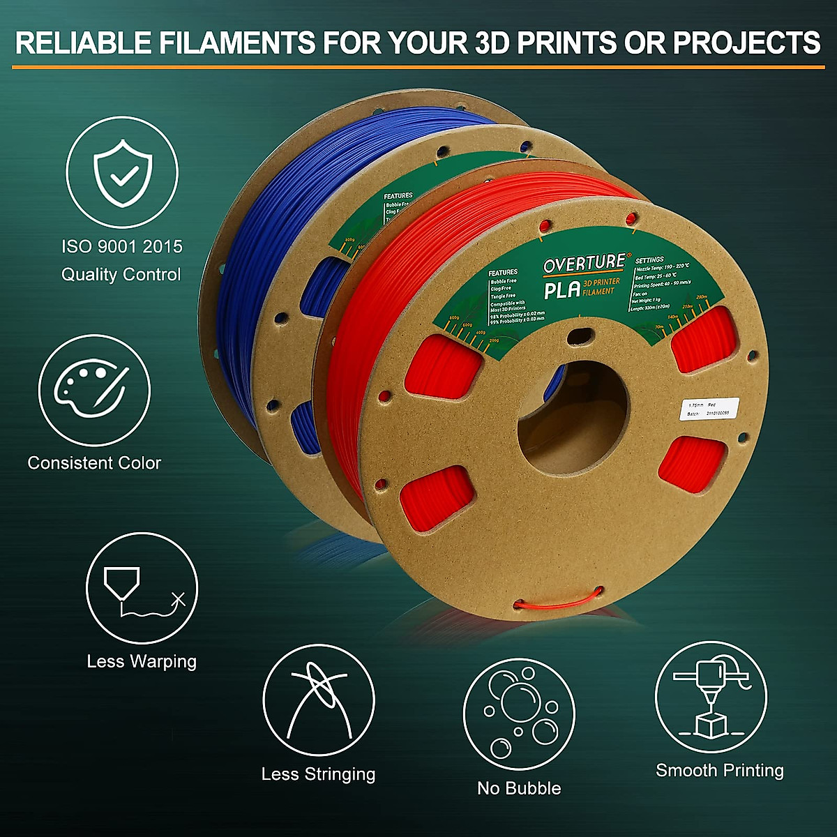 OVERTURE 3D Printer Filament PLA Filament 1.75mm, 2kg Cardboard Spool (4.4lbs), Fit Most FDM 3D Printers,Dimensional Accuracy +/- 0.03mm(Red + Blue)