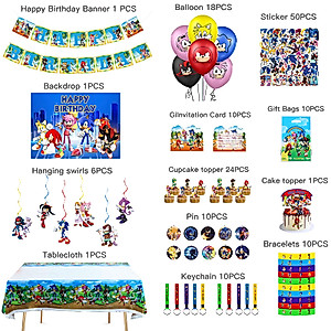 Sonic Birthday Party Supplies Party Decorations Party Favors Gift Set Include Backdrop,Bracelets,Key Chain,Button Pins,Banner, Balloons, Cake Cupcake Toppers