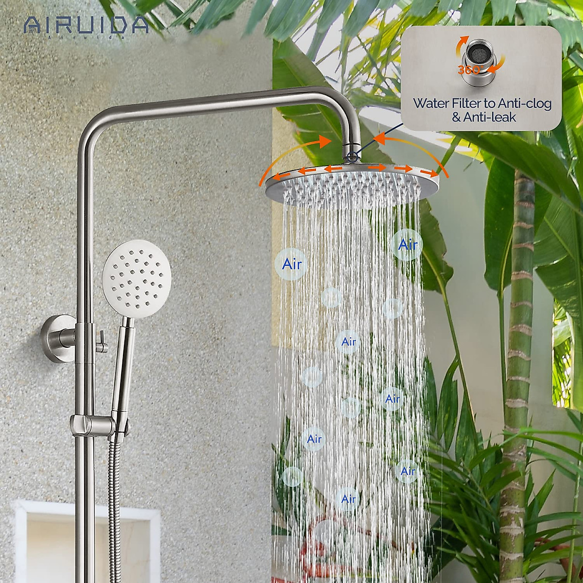 Airuida SUS304 Outdoor Shower Fixture Brushed Nickel Exposed Shower Faucet Combo Set Single Handle 8 Inch Thicken Rainfall Showerhead With Handheld Spray Wall Mount Dual Functions