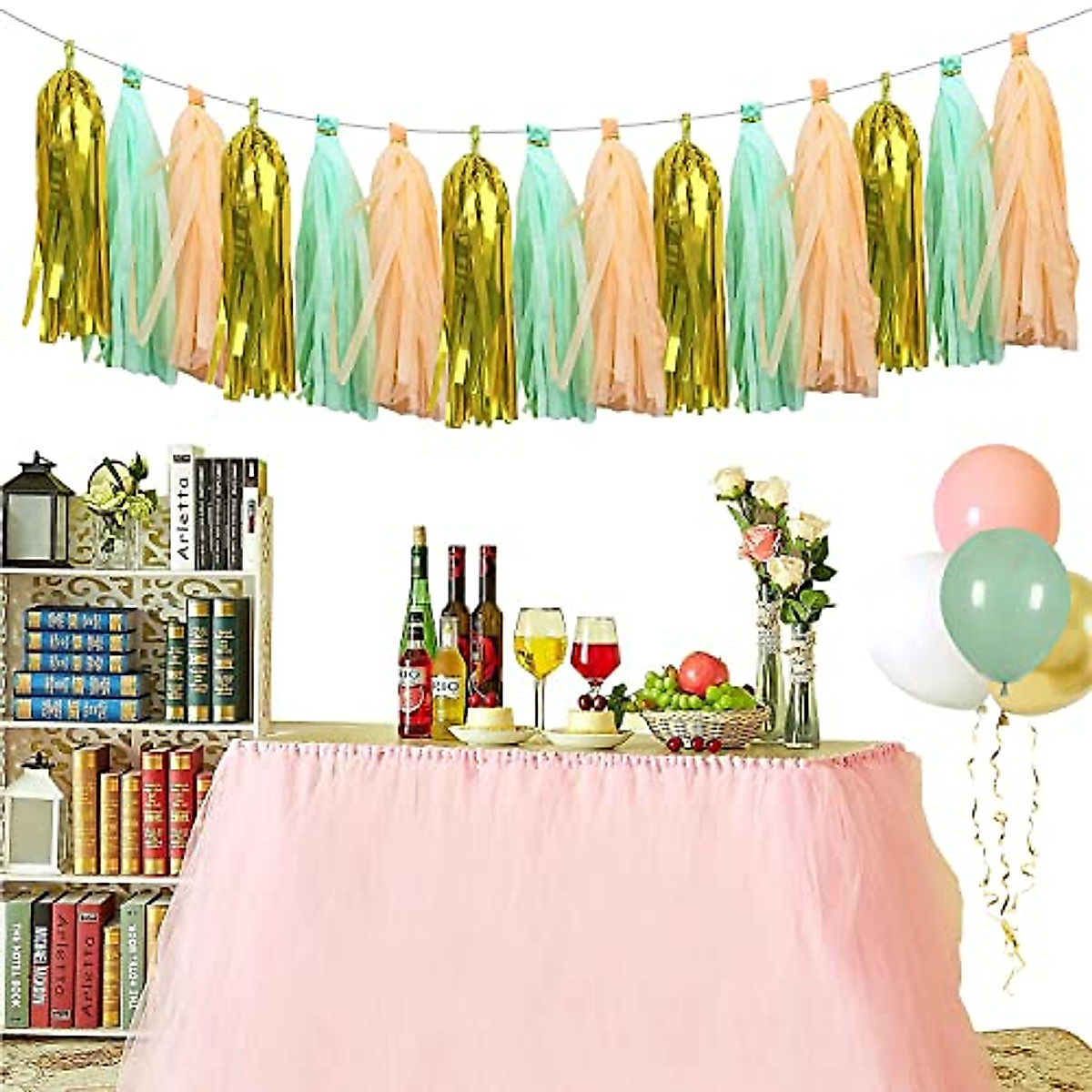 Birthday Party Decorations for Girls Women Her with Happy Birthday Banner,Honeycomb ball,Circle Dots Garland,Hanging Swirls Paper Pompoms,Paper Tassels Garland for Mint Green Gold Peach Birthday Decor