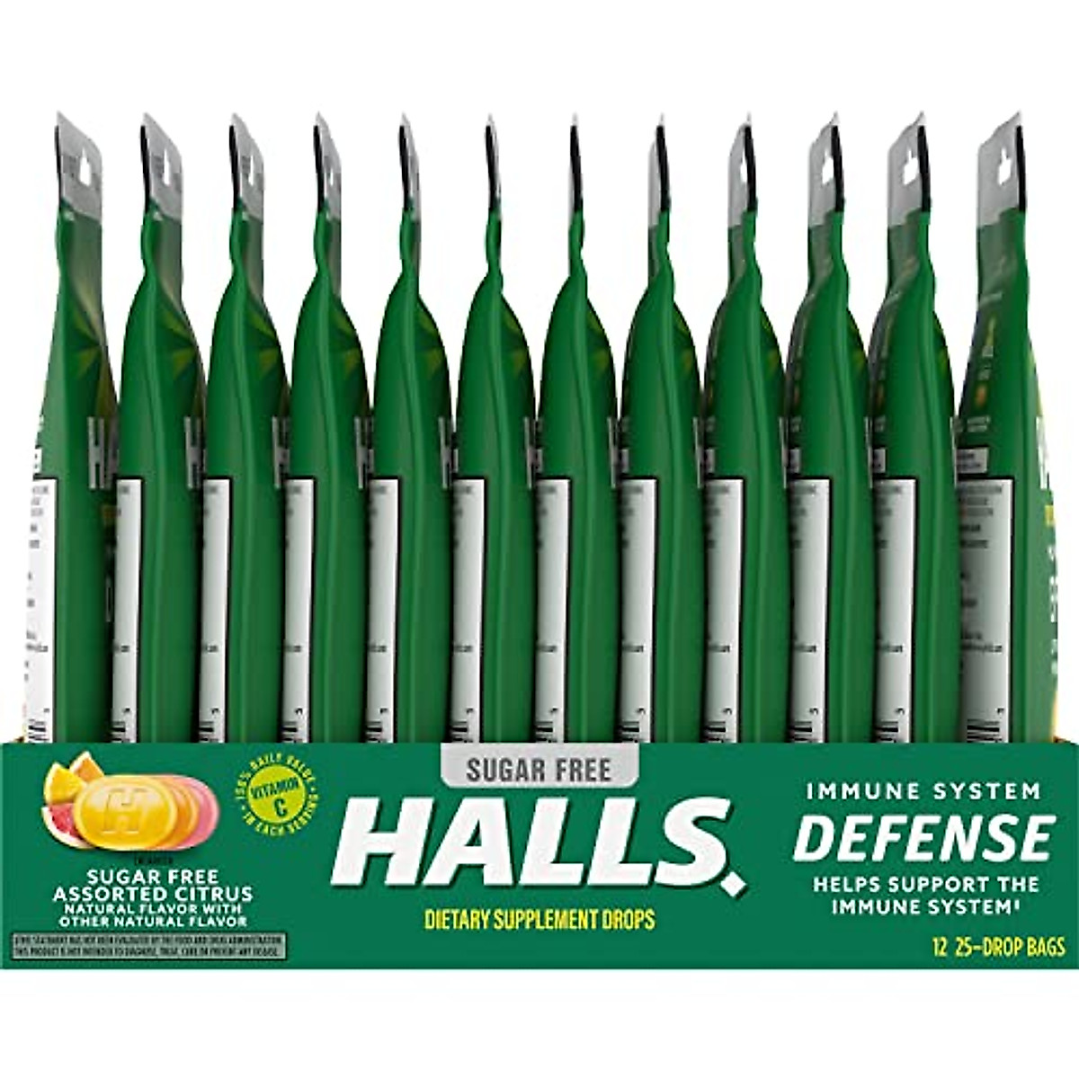 HALLS Defense Assorted Citrus Sugar Free Vitamin C Drops, Dietary Supplement Drops, 12 Bags of 25 Drops (300 Total Drops)