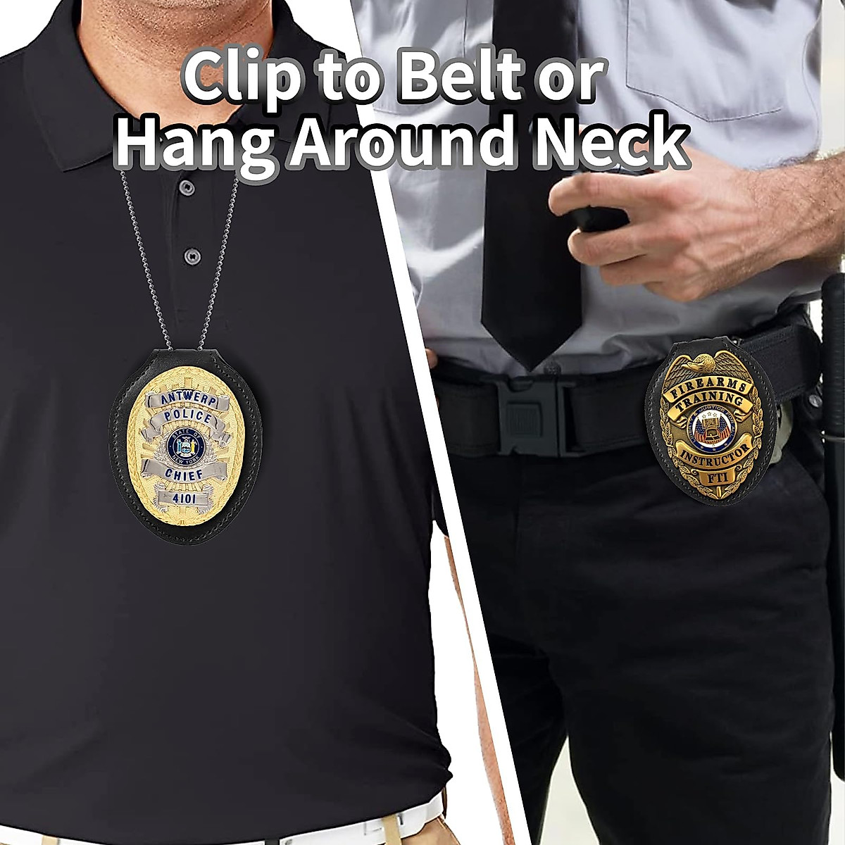 Police Badge Holder,Cowhide Universal Badge Holders Belt Clip,Metal Clip and Chain Included for Law Enforcement Officer Gifts (Black)