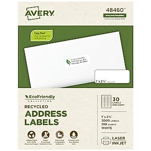 Avery EcoFriendly Recycled Address Labels, 1" x 2-5/8", White, Permanent Label Adhesive, 3,000 Printable Labels (48460)