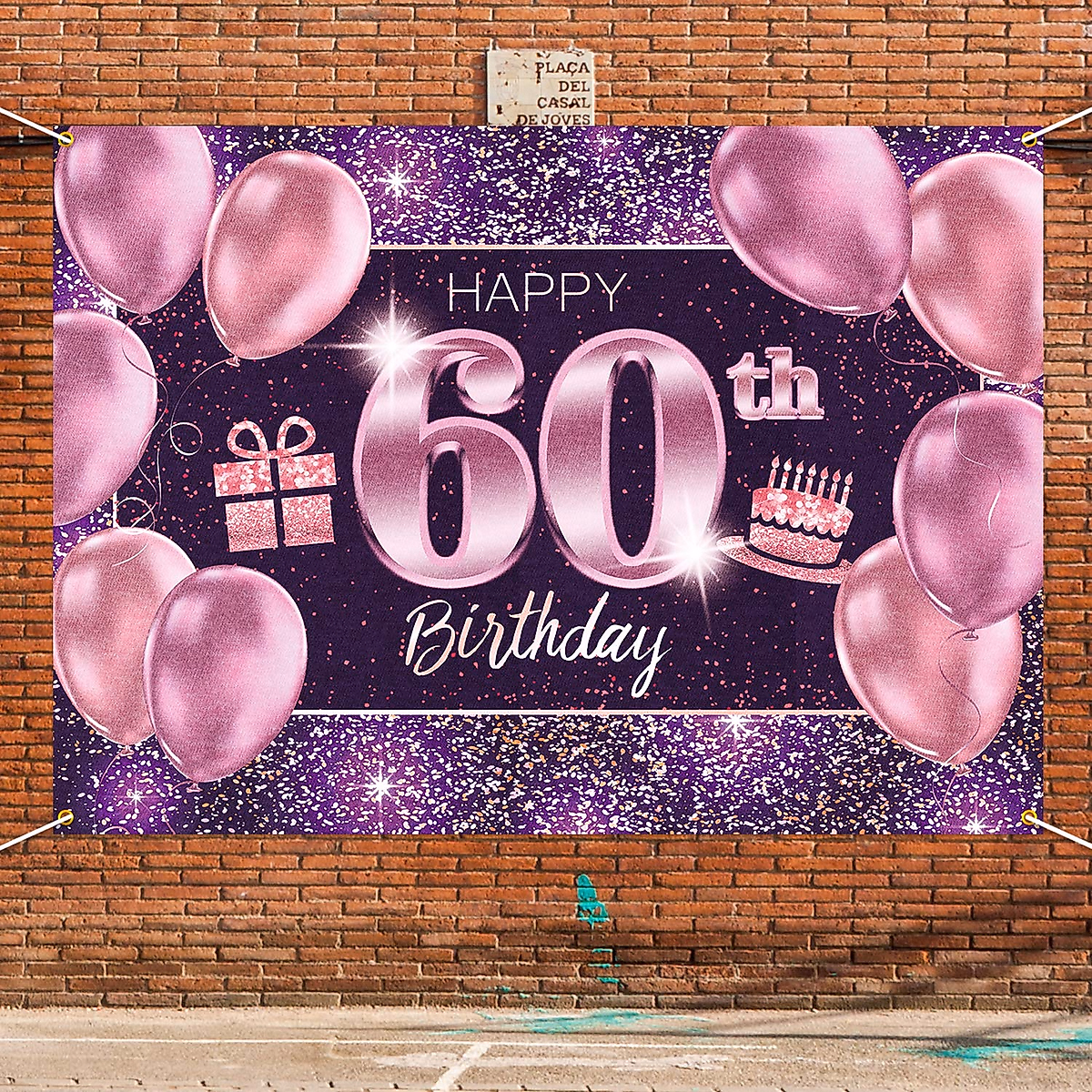 PAKBOOM Happy 60th Birthday Banner Backdrop - 60 Birthday Party Decorations Supplies for Women - Pink Purple Gold 4 x 6ft