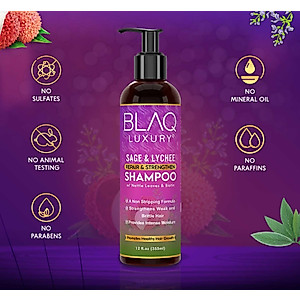 Blaq Luxury Sage & Lychee Repair and Strengthen Shampoo - Infused with Biotin and Nettle - Sulfate-Free Formula for All Hair Types - Promotes Hair Repair, Growth, and Scalp Health - 12 fl oz