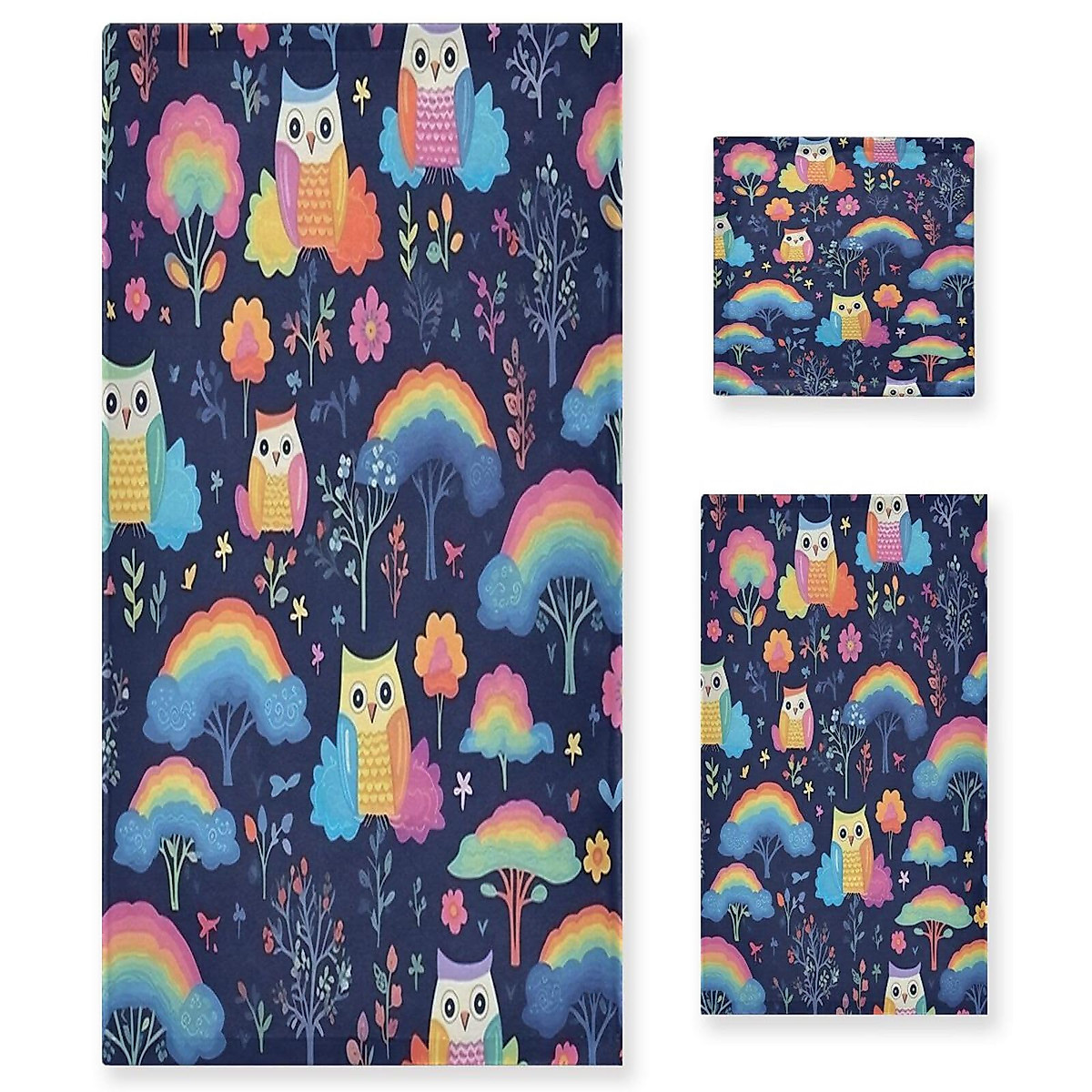 Flradish Cute Owls Rainbow Towels 3 Pack Bath Towels for Bathroom Set Soft Cotton Highly Absorbent Lightweight & Quickdry Towel Set 1 Bath Towel,1 Hand Towel,1 Washclothe