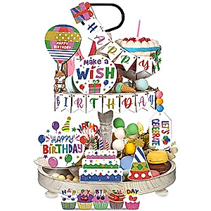 11 Pcs Birthday Tiered Tray Decor Farmhouse Tiered Tray Decor for Birthday Decor Colorful Birthday Party Supplies Wooden Happy Bday Table Decorations (Cake Style)