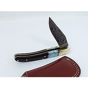 Made in Ancient Persian Indus Valley Damascus Knives Laguiole Style Pocket Knife Ram Horn & Turquoise Handle With Leather Sheath
