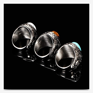 Retro Vintage Stone Rings for Men Turquoise Rings Stainless Steel Signet Biker Band Black Stone 10