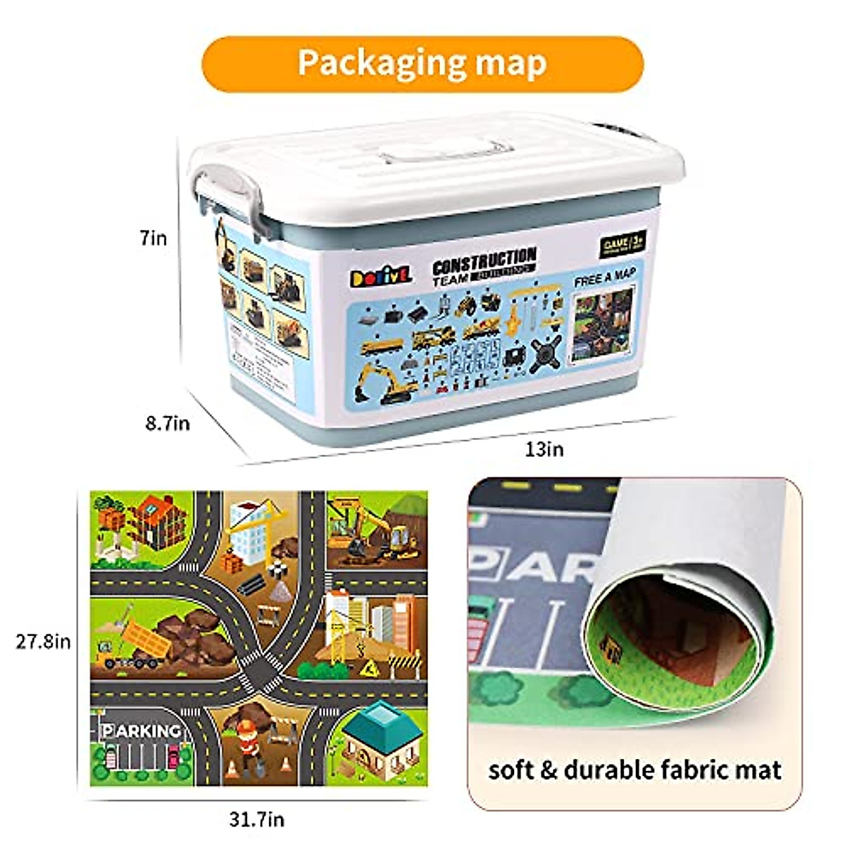 DOLIVE Construction Site Vehicles Toy with Mat, Crane Toy Tractor, Tower Crane Truck, Dump Trucks, Excavator, Cement Mixer Trucks, Kids Engineering Playset for 3+ Year Olds Boys Girls