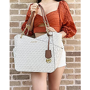 Michael Kors Jet Set Travel Large Chain Shoulder Tote Vanilla MK Signature Logo Bundled Jet Set Travel Continental Wristlet Vanilla Signature MK