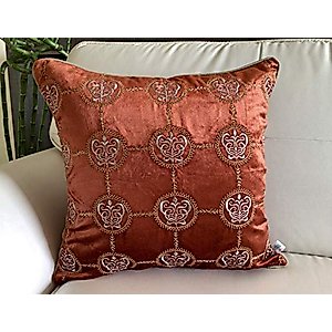 TARA- Sparkling Homes 18 x 18 inches Velvet Zari Embroidered Luxury Decorative Throw Pillow Cover 'Cleopatra' from The Royal Collection for Couch Living Room (Burnt Orange, 18 x 18 Inches)