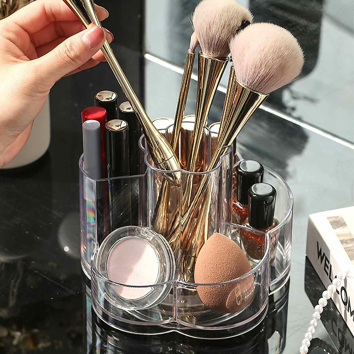Makeup Brush Holder, Acrylic 6 Slots Skincare Organizers, 360 Degree Rotating Pen Bucket, Decorative Clear Vanity Cosmetics Display Case for Lipstick Beauty Egg Foam Eyebrow Pencil Powder Tube