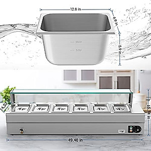 Worcest 6 Pan Commercial Food Warmer 110v 1500w Electric Stainless Steel Bain Steam Table Food Warmer with Large Capacity Pans for Catering and Parties Restaurants Business Occasion (110v 6-Pan)