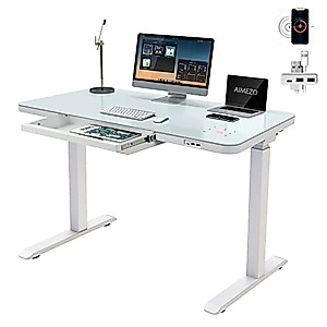 AIMEZO Glass Electric Standing Desk with Drawers Charging USB Port 45 x 23 Inch Dual Motor Electric Height Adjustable Desk Sit Stand Desk with USB Type-C/A Port, Glass Top