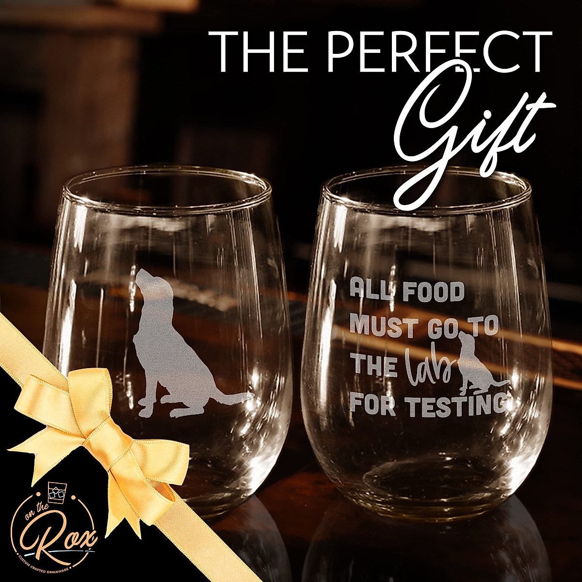 On The Rox Drinks Labrador Gifts for Labrador Lovers- All Food Must Go To The Lab For Testing Stemless Wine Glass Set of 2- Chocolate Lab Wine Glass - Dog Face, Black Labrador Gifts