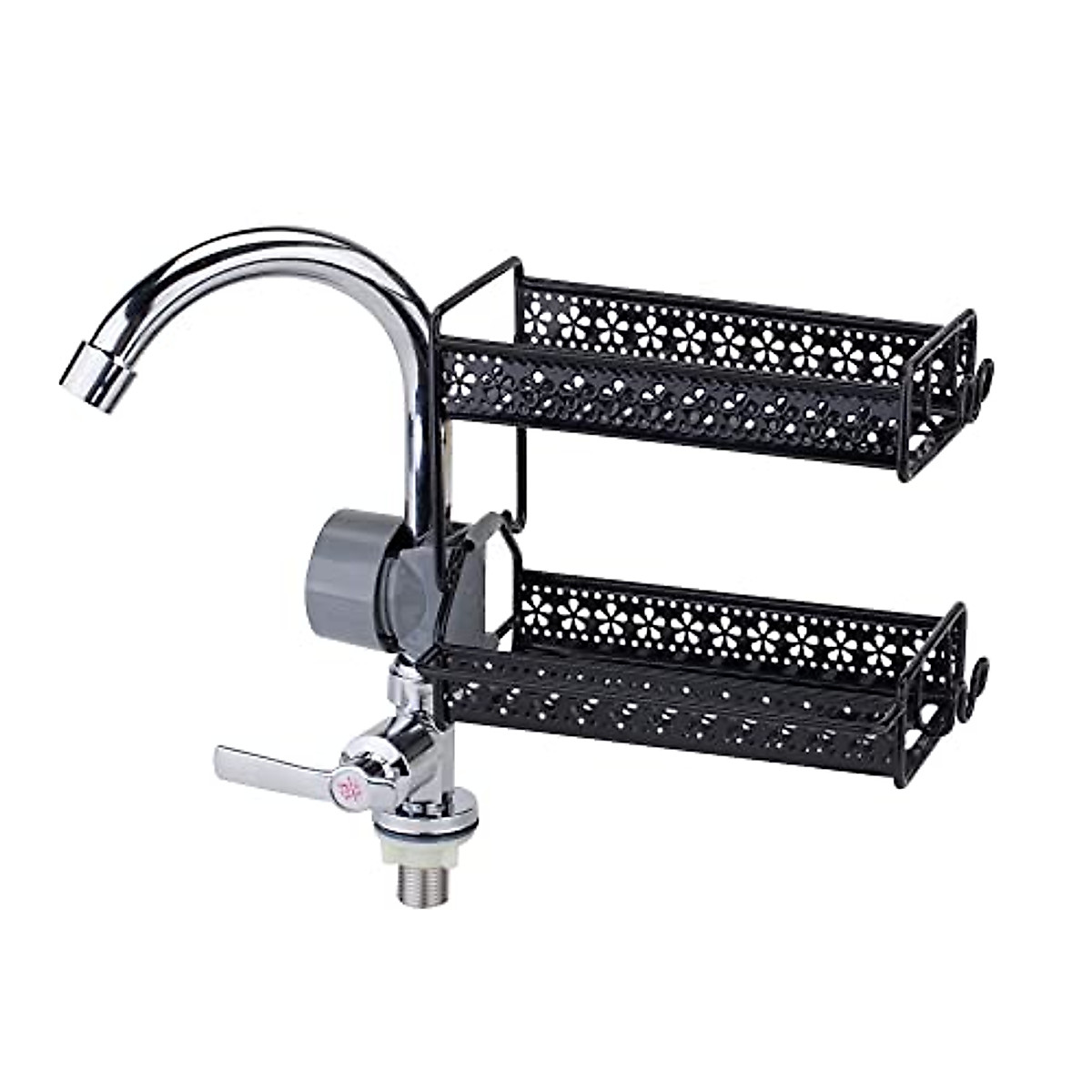 Djanland Multifunctional Faucet Rack Sponge Holder with Towel Rack & Hooks for Kitchen & Bathroom Sink Shelf Over Faucet Storage Rack, Stainless Steel Faucet Drain Rack, Universal Fit, Black