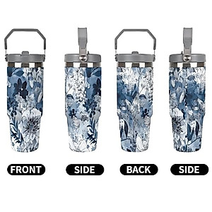 Aqua Blue Floral Pattern Tumbler 30oz Large Capacity Car Cup with Handle Fit in Any Car Cup Holder Stainless Steel Leakproof Insulated Coffee Tumblers with Lid And Straw