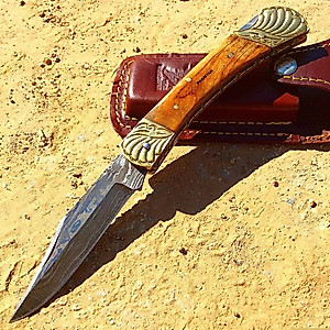 Theboneedge 8" Damascus Blade Open Folding Pocket Knife Wood Gold Trim Hand Made With Sheath Outdoor Survival Hunting Knife for Camping by Survival Steel