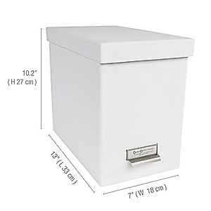 Bigso John Fiberboard Label Frame Desktop File Storage Box Document Organizer for Important Paperwork Durable Hanging File Box with a Lid & Metal Label Window 7.4’’ x 13’’ x 10.4’’ White