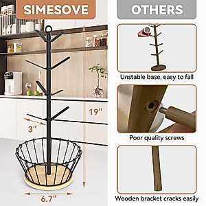 simesove Drying Storage Rack Holder Home Storage Mug Hooks Multipurpose Display Stand Metal Tree Shape Mug Coffee Cups Stand with 8 Hooks-Bamboo Base with Coffee Basket