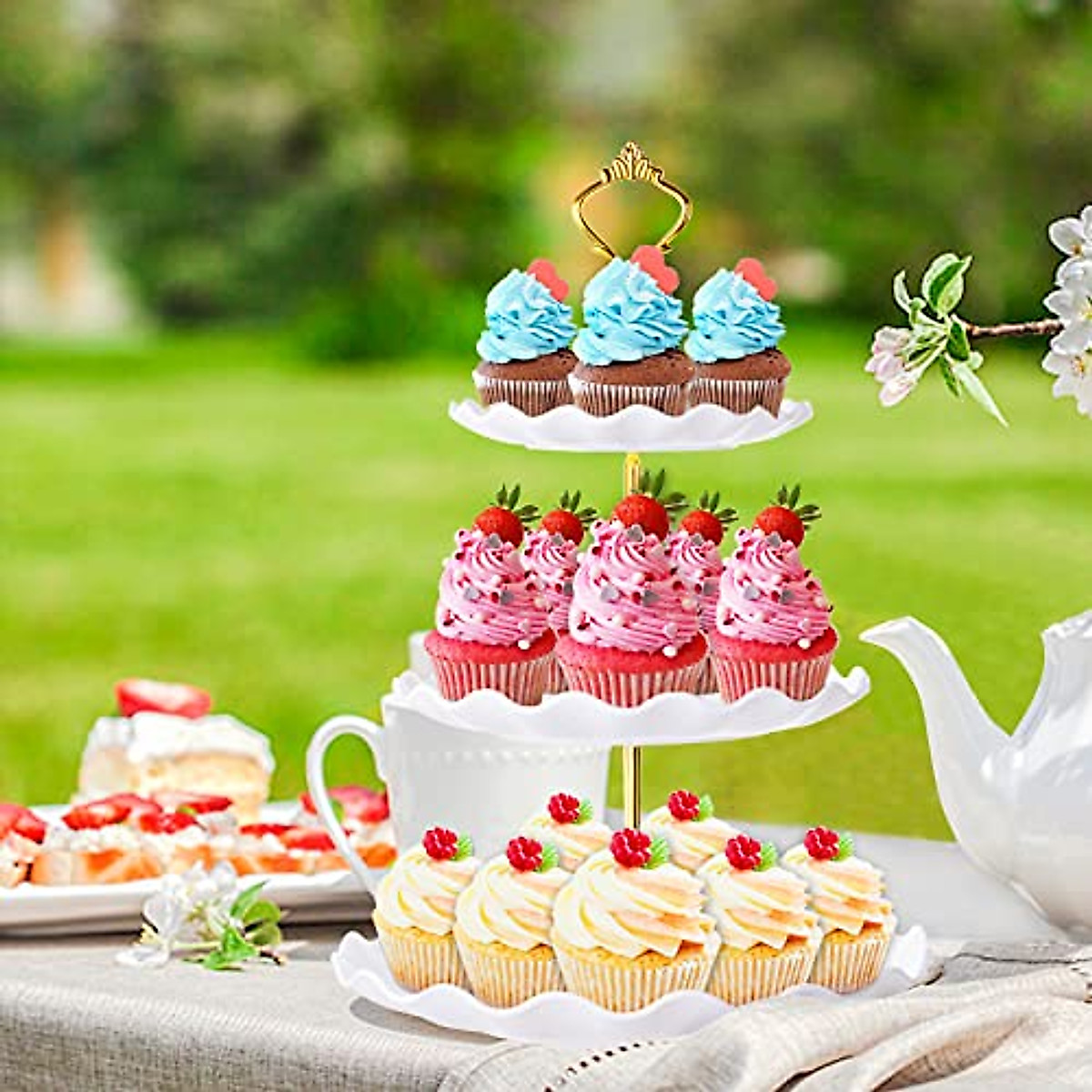 3 Tier Cupcake Stand Holder, BACUTHY Plastic Cup Cake Stand Tower with Tiered Serving Tray for Cupcakes, Donuts, Fruits and More, White