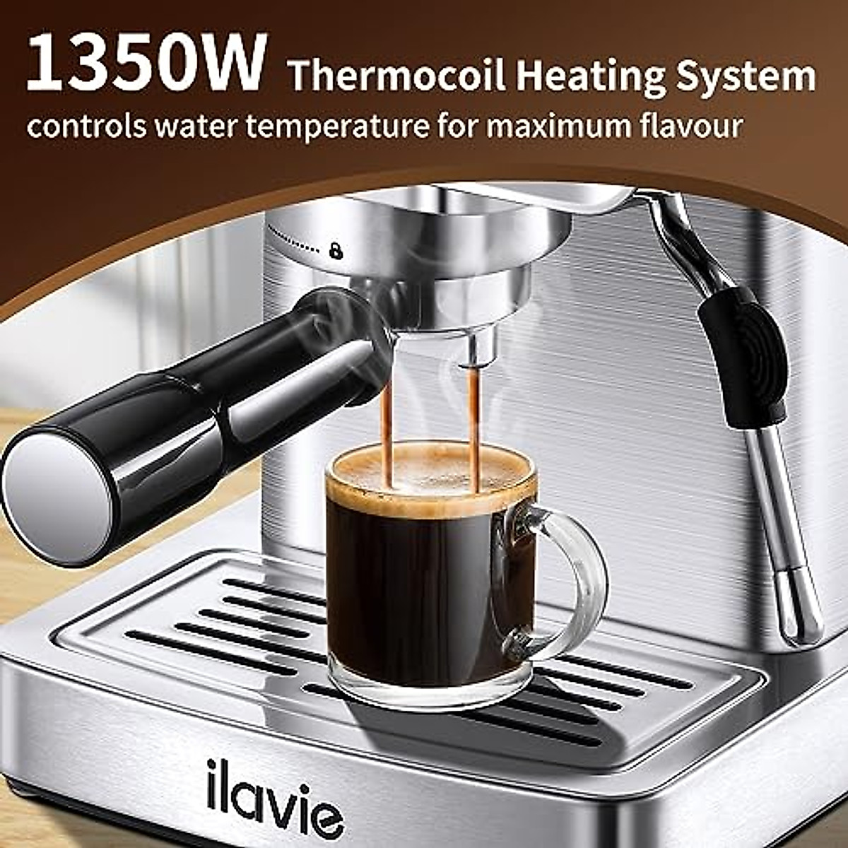 ILAVIE 20 Bar Espresso Machine, Stainless Steel Espresso Coffee Machine for Cappuccino, Latte, Espresso Maker for Home, Automatic Espresso Machine with Milk Steamer, 1.8L Water Tank, 1350W