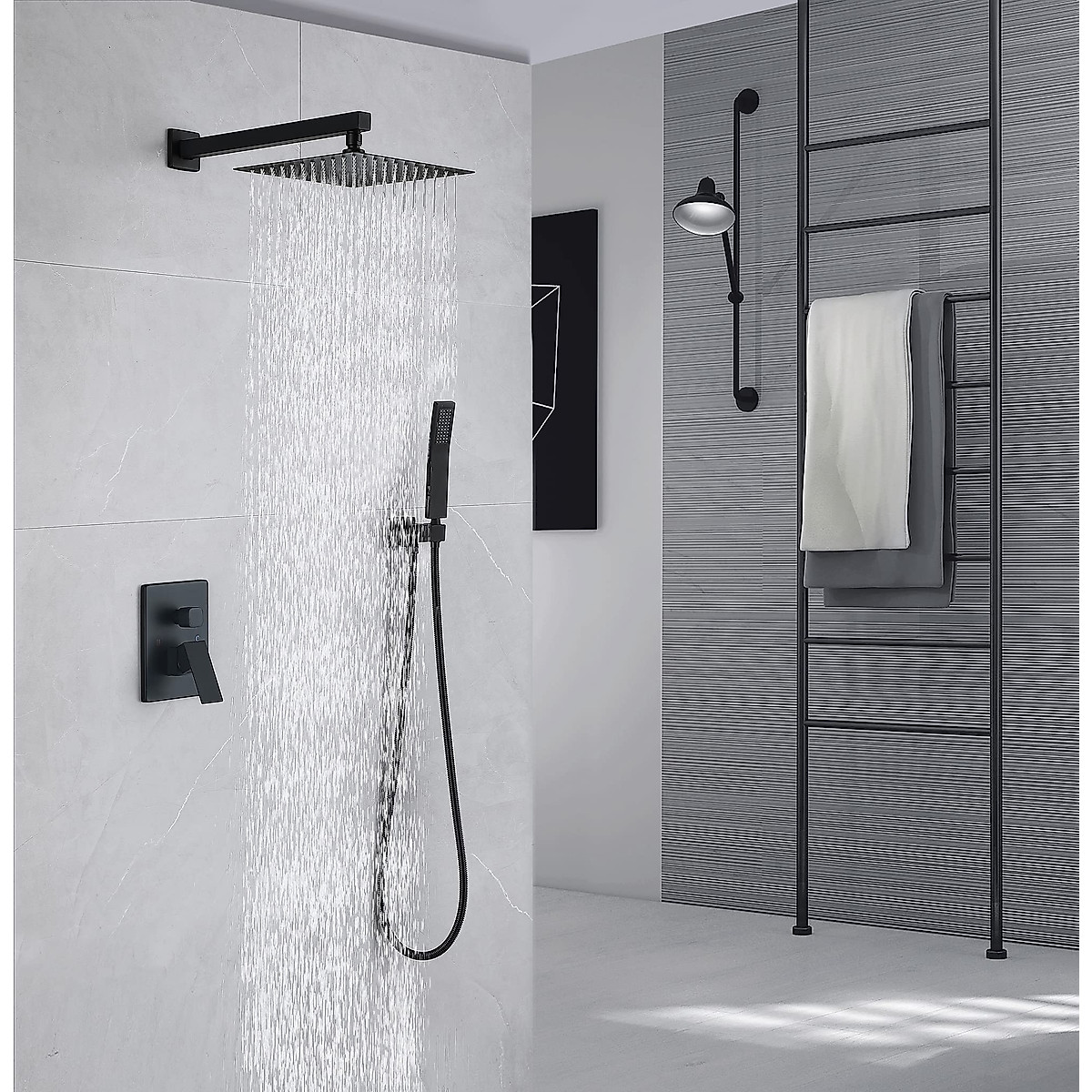 DMDMBATH Shower System Matte Black with 10 inch Rain Shower Head High Pressure Shower Faucet Set Shower Fixture Complete Combo Set Bathroom Bathtub Shower Trim Systems (Matte Black)