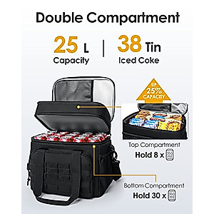 TACTICISM Double Deck Lunch Box for Men 38 Cans Tactical MOllE Lunch Bag, Up to 12 Hours Insulated lunchbox, Large Soft Leakproof Lunch Cooler Adult, for Work Camping Fishing Hiking, Black