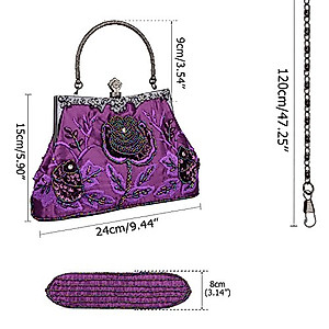 FLO-MOTOR Women's Vintage Style Roses Beaded Sequined Evening Bag Wedding Party Clutch Purse (Purple)