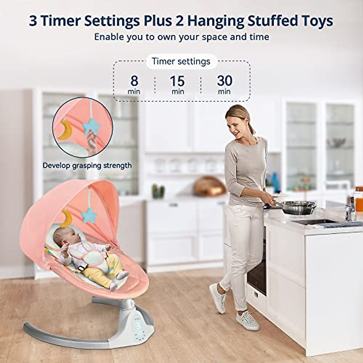 Bioby Baby Swing for Infants,The Five-Point Seat Belt,Bluetooth Touch Screen/Remote Control Baby Bouncer with Music Speaker,Motorized Portable Swing with 5 Swing Speeds（Pink）
