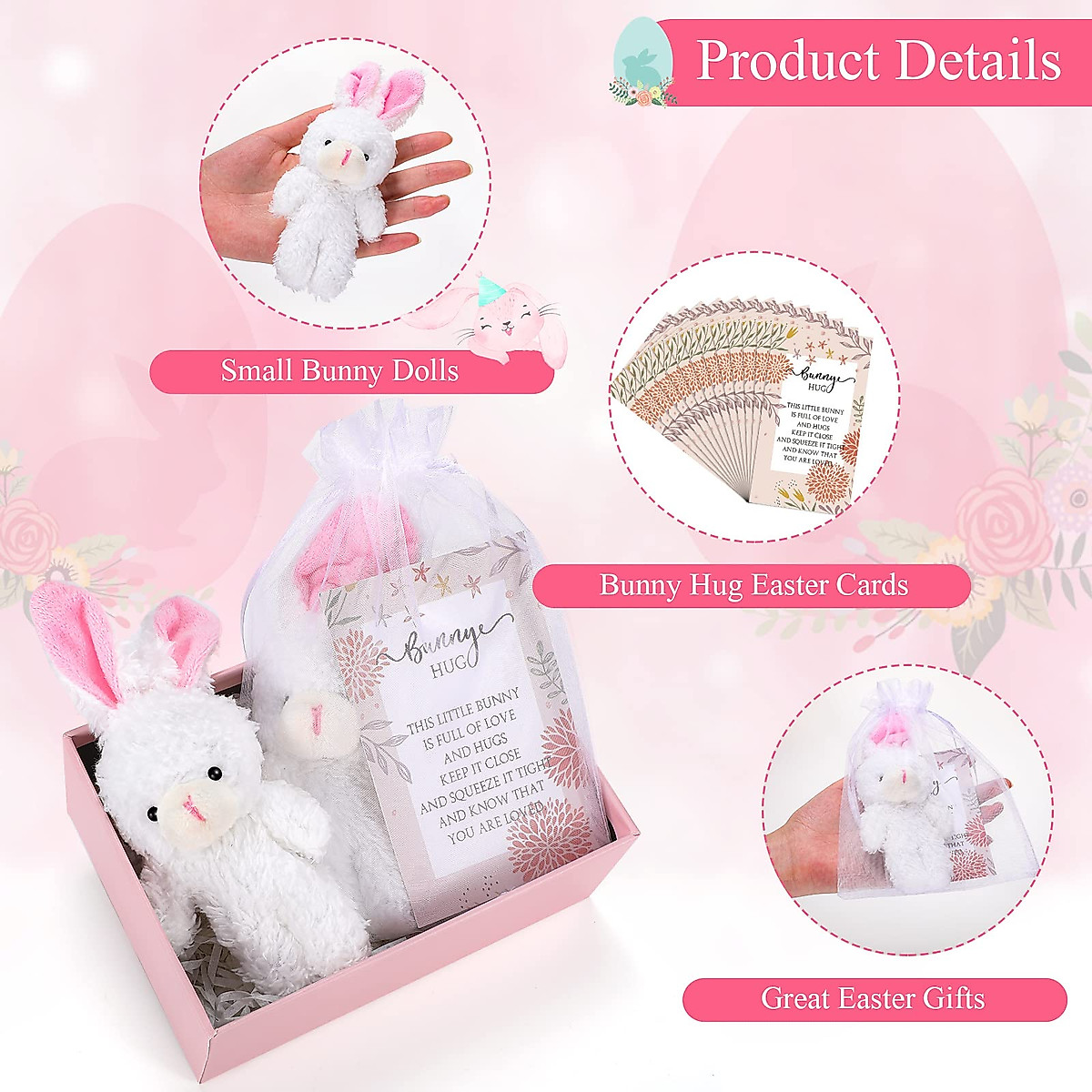 Fuutreo 24 Sets Bunny Stuffed Animal Gift Include 24 Pcs Mini Plush Stuffed Bunny Doll Bunny Hug Card with Organza Bags for Teacher Students Christmas Party Favors(Sweet Bunny)