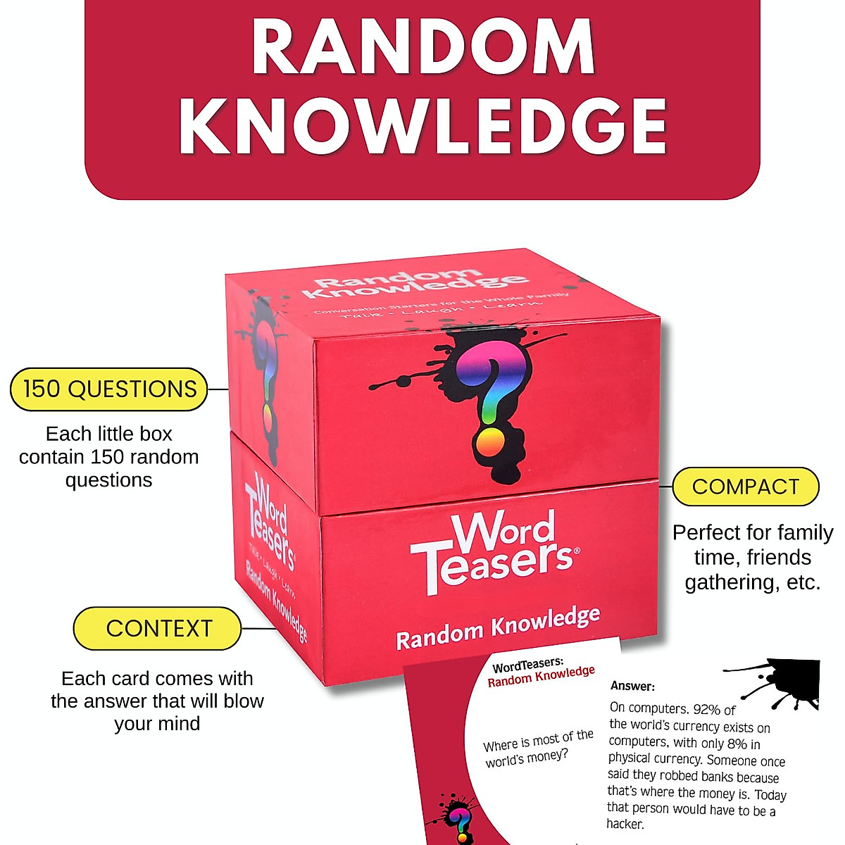 ? WORD TEASERS Random Knowledge Trivia Cards - Fun Trivia Game for Family, Kids, Parties & Travel - 150 Trivia Questions & Conversation Starters