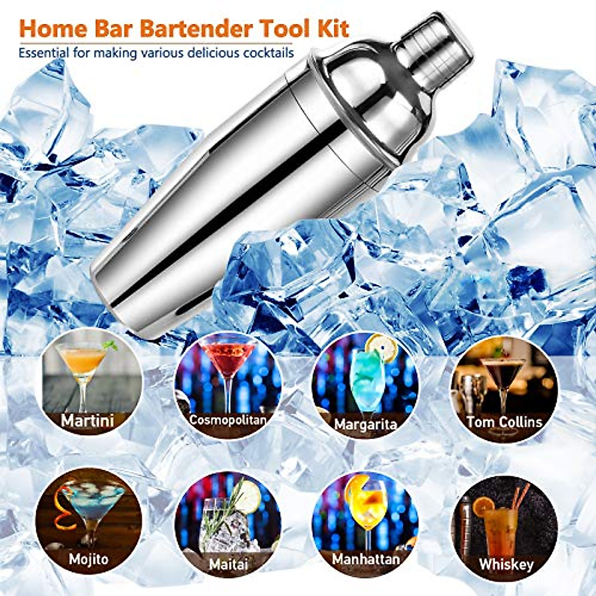 BestGK Bartender Kit Cocktail Shaker Set, Perfect Home Bartending Kit with Stylish Stand, 25oz Stainless Steel Martini Shaker with Cocktail Recipes Booklet