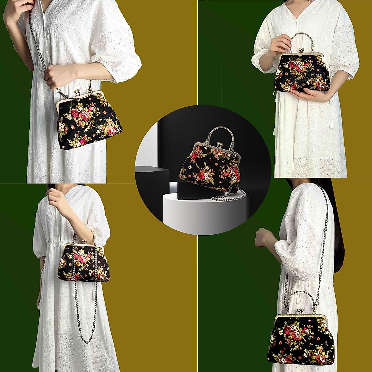 Abuyall Floral Top Handle Handbag Chain Strap Women Kiss Lock Canvas Frame Shoulder Bag Black