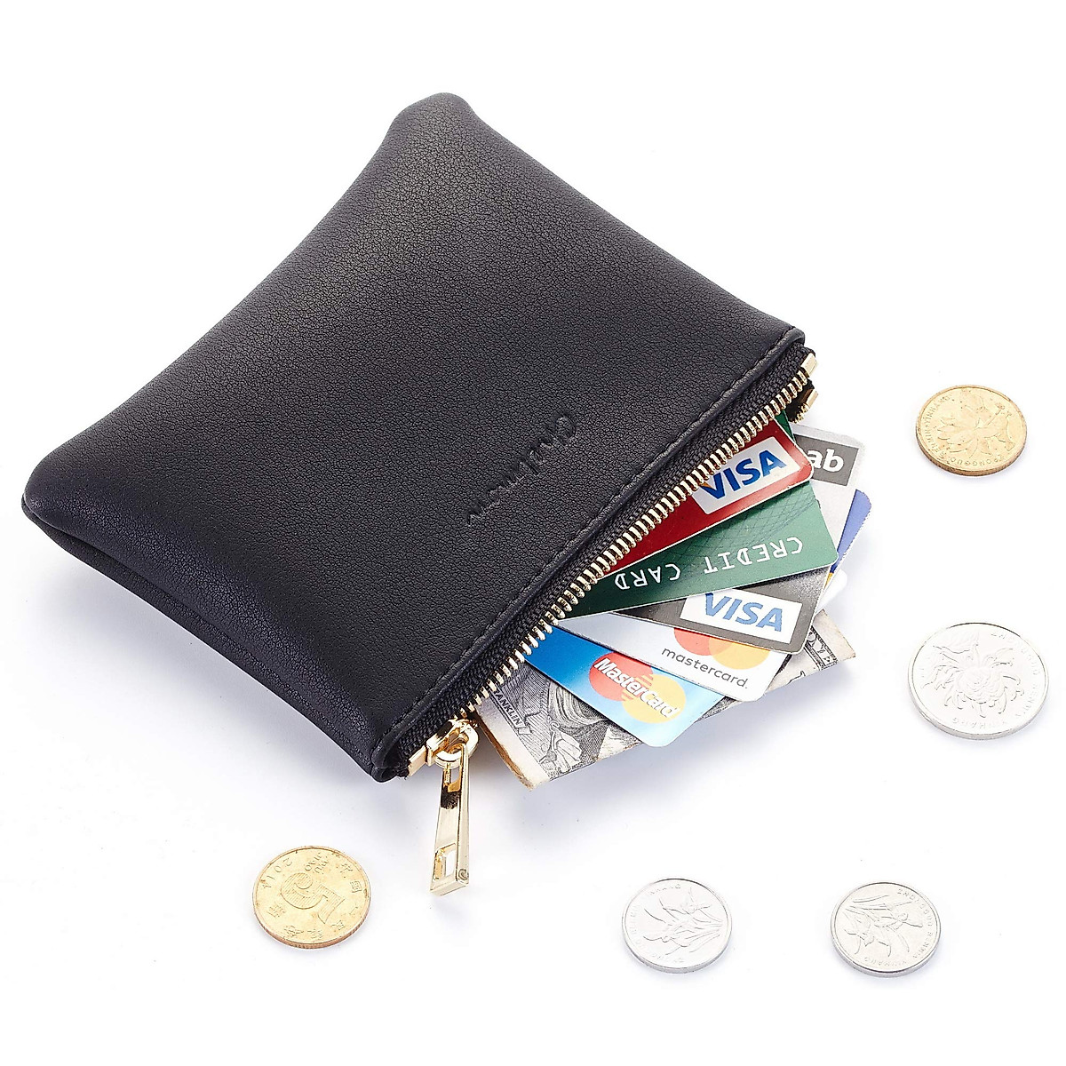 Chelmon Vegan Leather Coin Purse Pouch Change Purse With Zipper For Men Women (Black Up)