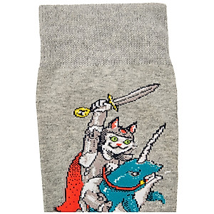 K. Bell Socks Men's Animal Fun Novelty Crew Socks, Gray (Knight Cat), Shoe Size: 6-12