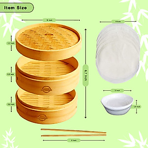 Mister Kitchenware 10 Inch Handmade Bamboo Steamer, 2 Tier Baskets, Healthy Cooking for Vegetables, Dim Sum Dumplings, Buns, Chicken Fish & Meat Included Chopsticks, 10 Liners & Sauce Dish