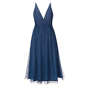 Women Deep V Neck Tulle Dress Spaghetti Strap Backless Party Wedding Cocktail Midi Dress Ladies Dresses Sleeves Dark Blue