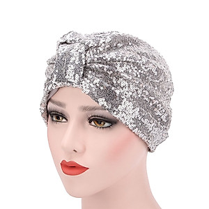 DECOU female Sparkly Sequin Twist Pleated Hair Wrap Stretch Turban S232 (Silver)