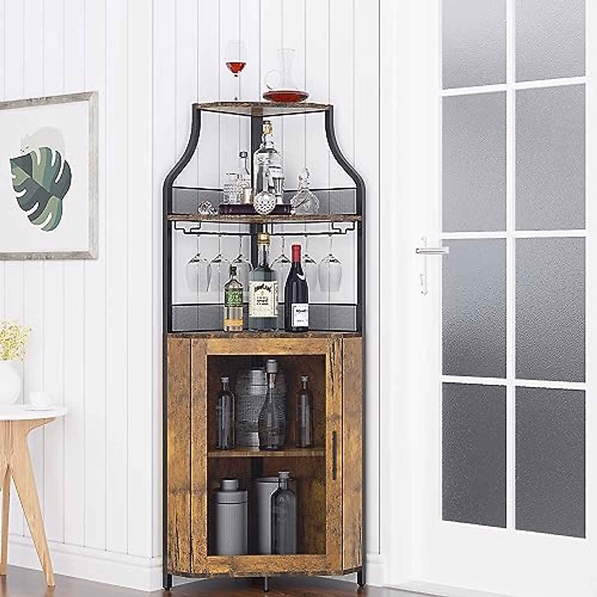 GAOMON Corner Wine Cabinet,Wine and Glass Rack,Freestanding Liquor Cabinet Bar Cupboard with Storage Shelves for Kitchen, Dining Room,Living Room (Rustic Brown)