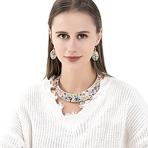 Rhinestone Collar Gold Alloy Metal Necklace For Women Stone Bangle Earring Jewelry Accessories 3pcs Sets (3pcs colorful sets)