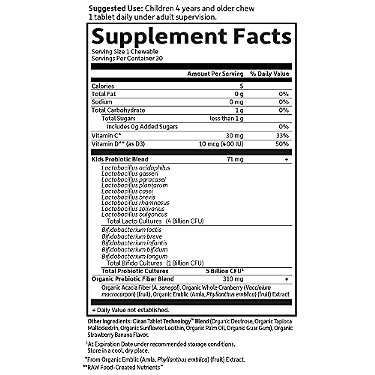 Garden of Life Dr. Formulated Probiotics Organic Kids+ Plus Vitamin C & D, Strawberry Banana, Gluten Dairy & Soy Free Immune & Digestive Health Supplement, No Added Sugar, 30 Chewables (Shelf Stable)