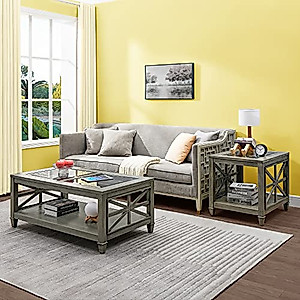 Solid Wood Coffee Table with Tempered Glass Top, Rectangular Living Room Table with 2-tire Storage Shelf, Industrial Centre Table, 45.5" X 26" Tabletop, Easy Assembly Antique Grey KFZ1318AN