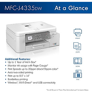 Brother MFC-J4335DW INKvestment Tank All-in-One Printer with Duplex and Wireless Printing Plus Up to 1-Year of Ink in-Box (Renewed)